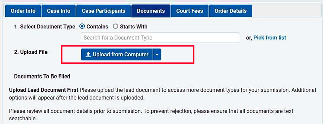Place an eFiling Order for Case Initiations